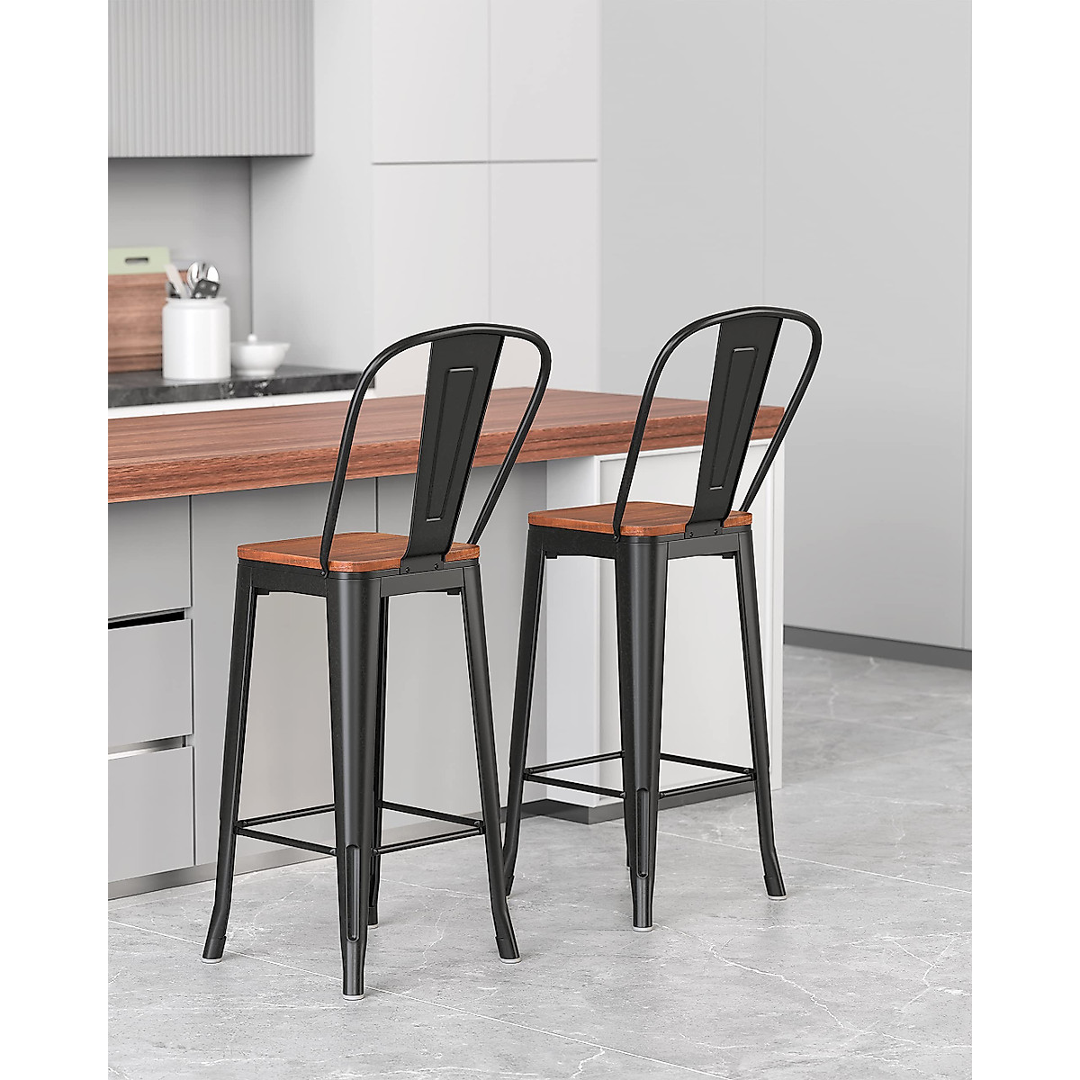 Aiho Bar Stools 30” Dining Chairs Outdoor Patio Bistro Set of 2 Metal Height Bar Stools with Wood Seat and Removable Backrest, Gloss Black