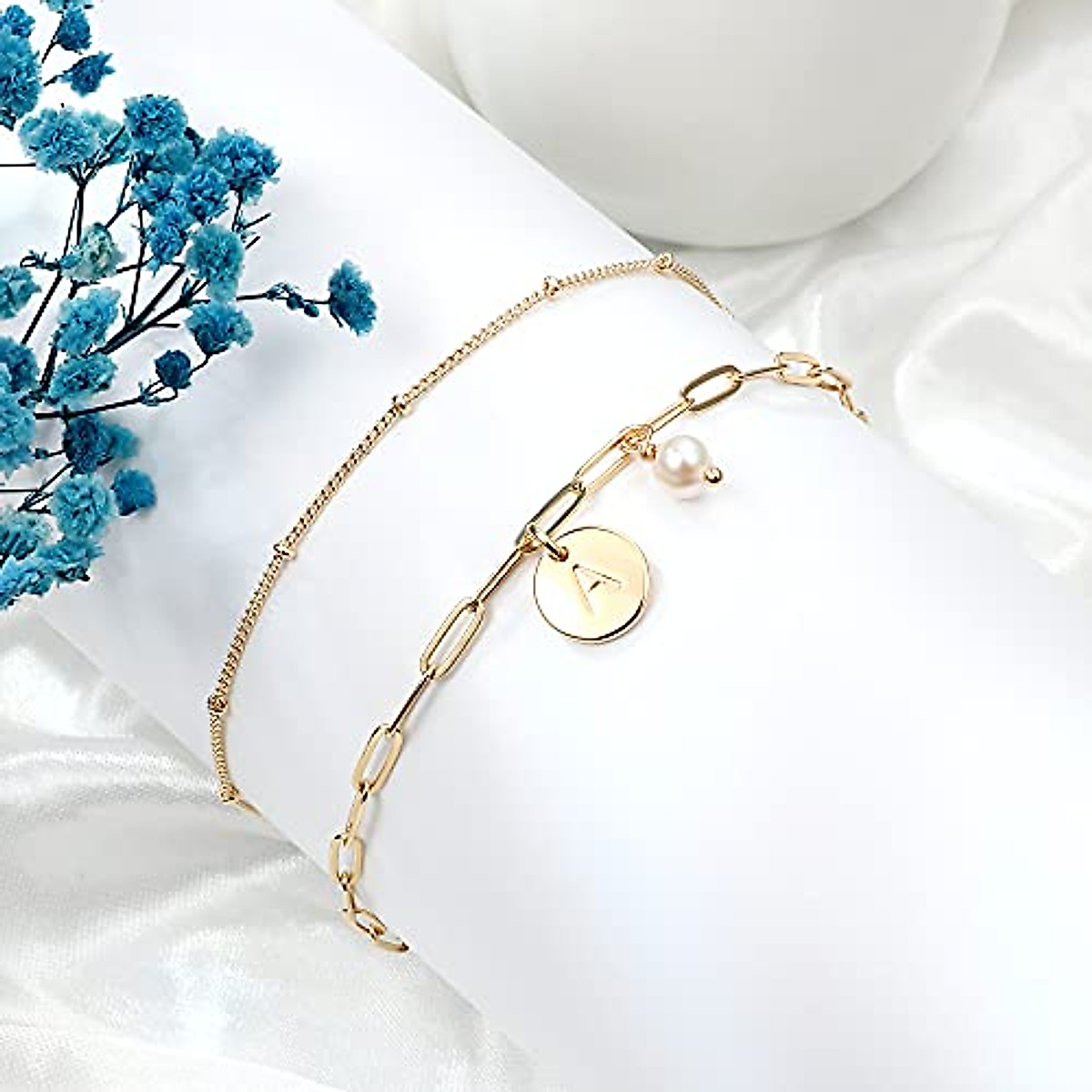 Gold Pearl Initial Bracelets for Women, 14K Gold Plated Layered Letter C Initial Bracelet Dainty Bead Charm Bracelets for Women Valentines Mother's Day Christmas Gifts for Women Gold Jewelry
