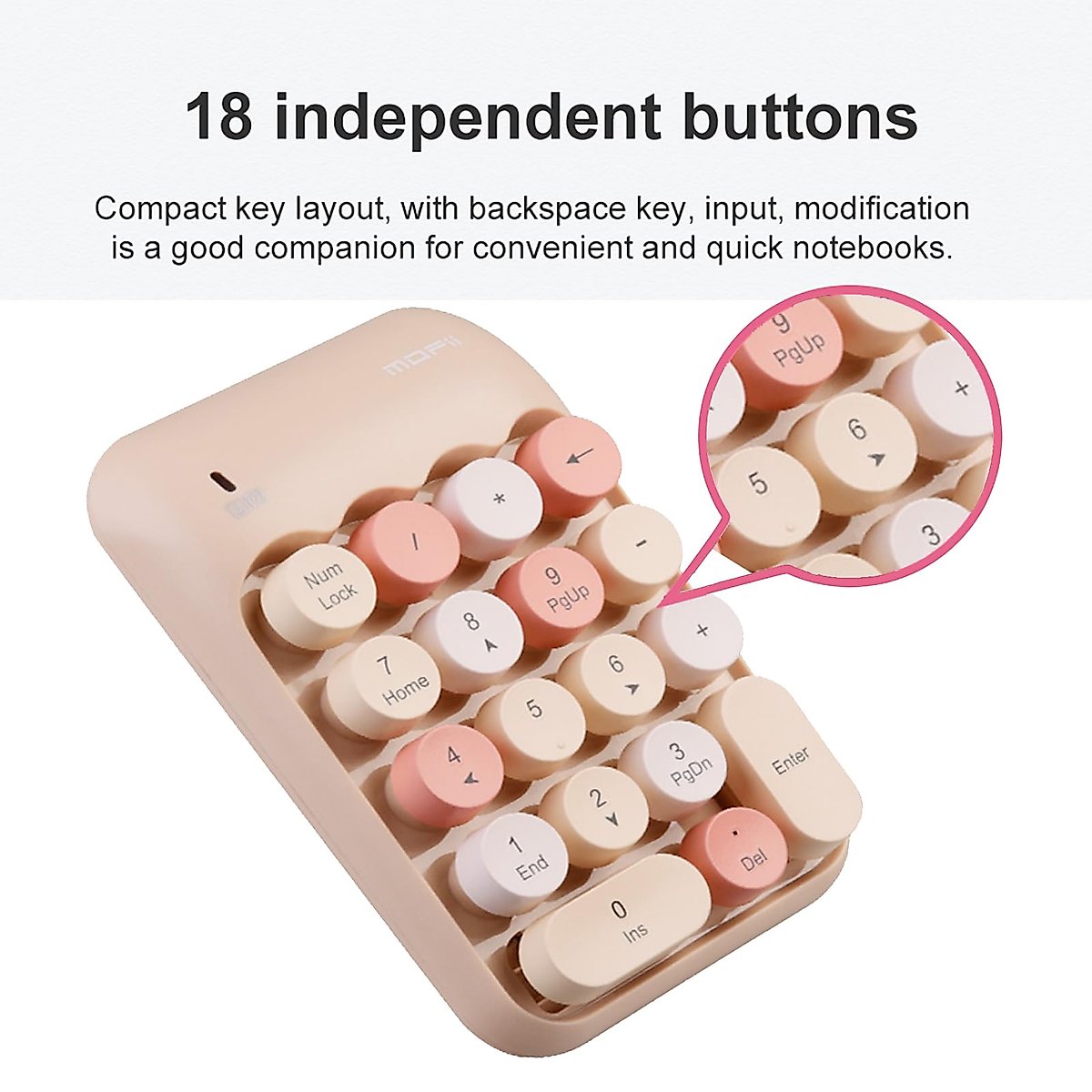 Lomiluskr Wireless Numeric Keypad with 2.4G USB Receiver, Cute Colorful Round Keycaps, Portable Financial Accounting Numpad Number Keyboard, Suitable for PC, Laptop (Milk Tea)