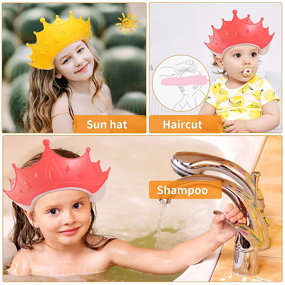 Baby Shower Cap Shield,Adjustable Silicone Bathing Hat,Cute Crown Shape Shampoo Hat,Soft Shower Protection Hat,Funny Hair Washing Shield,Bath Cap Visor Cap for Toddlers Kids Baby Children (Yellow)