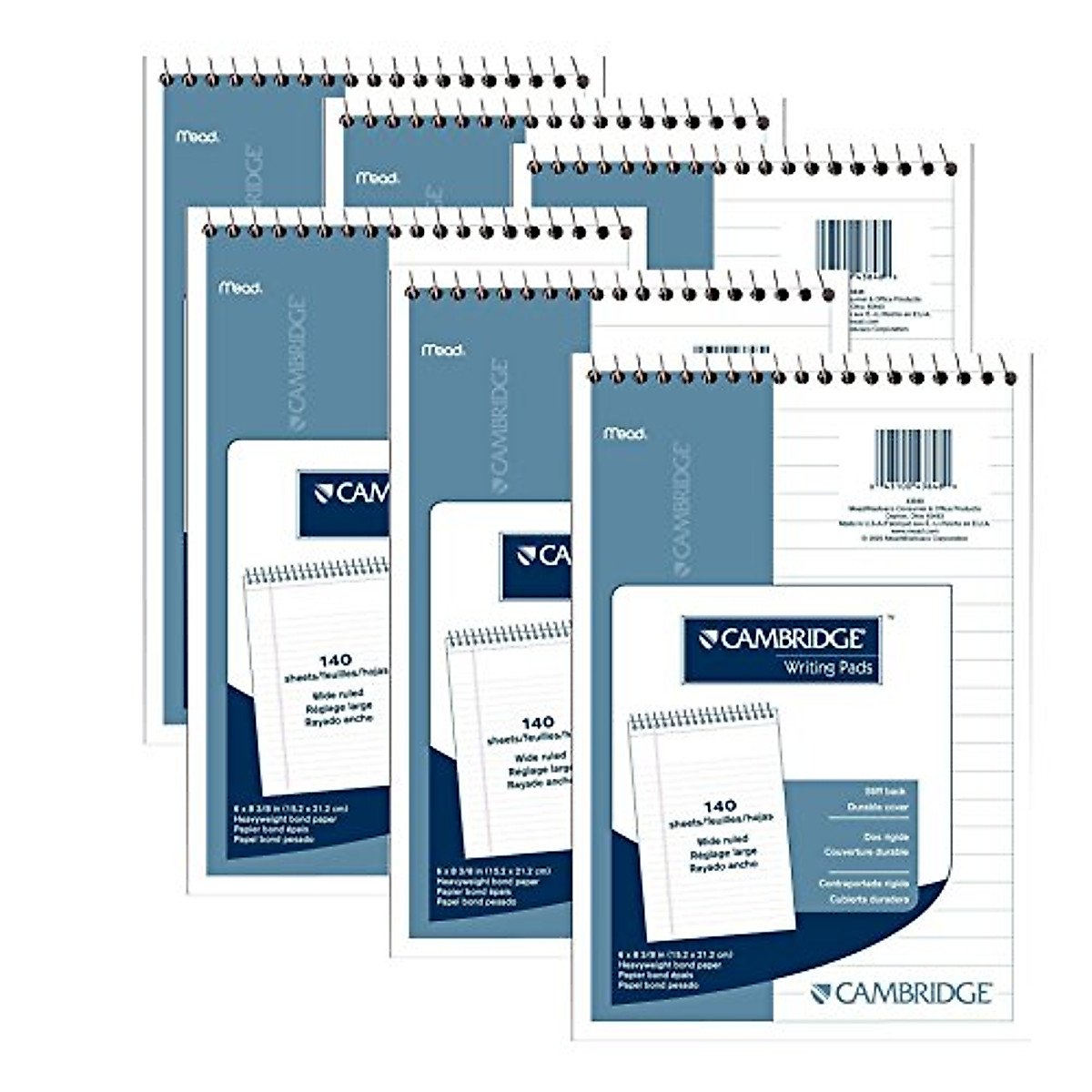 Mead Cambridge Wide Ruled Stiff Back Durable Cover Writing Pads, 6 x 8 3/8 in, 140 Sheets (6 Pack)