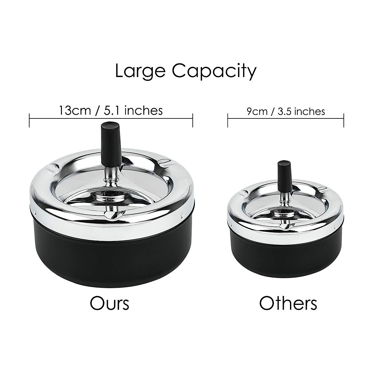 Round Push Down Ashtray with Spinning Tray Metal Cigarette Ash Tray Large 5.2 Inches Home Ashtray for Outside Patio - Black