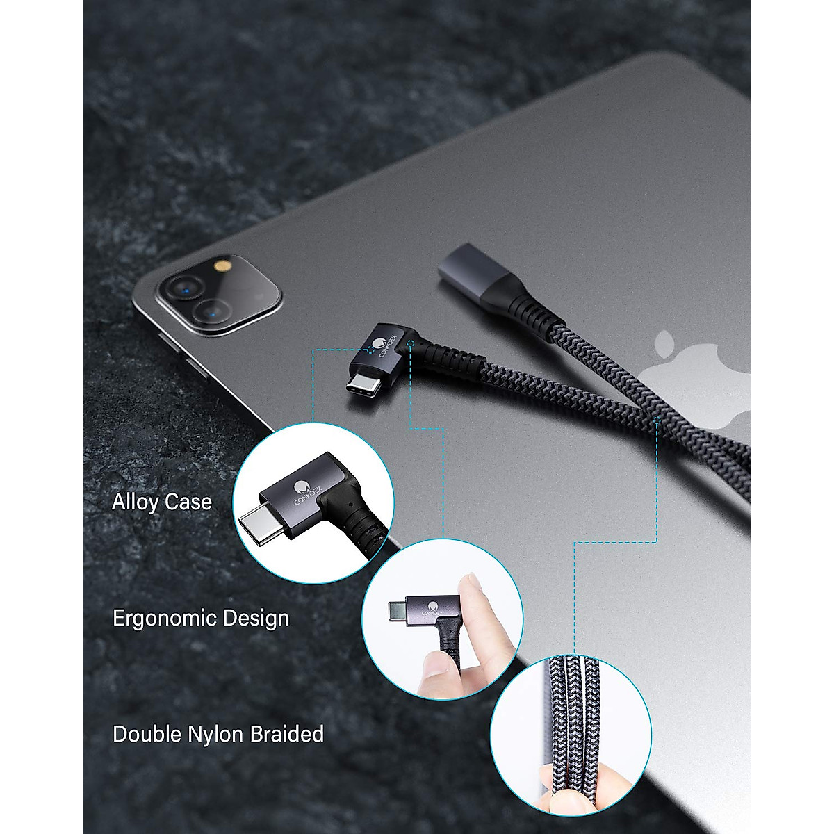 CONMDEX USB C Extension Cable, 5FT/1.5M Right Angle 90 Degree 3.2 Gen2 10Gbps Male to Female Type-C Braided Extender Cord for iPhone 12 Wireless Charger, MacBook Pro, New iPad Pro and More