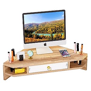 Triangle Monitor Riser,Corner Computer Monitor Stand with Drawer,Wooden Triangle Save Space Desktop Computer Stand with Office Organization,Desktop Corner Shelf with Drawers Wooden Laptop Stand Riser