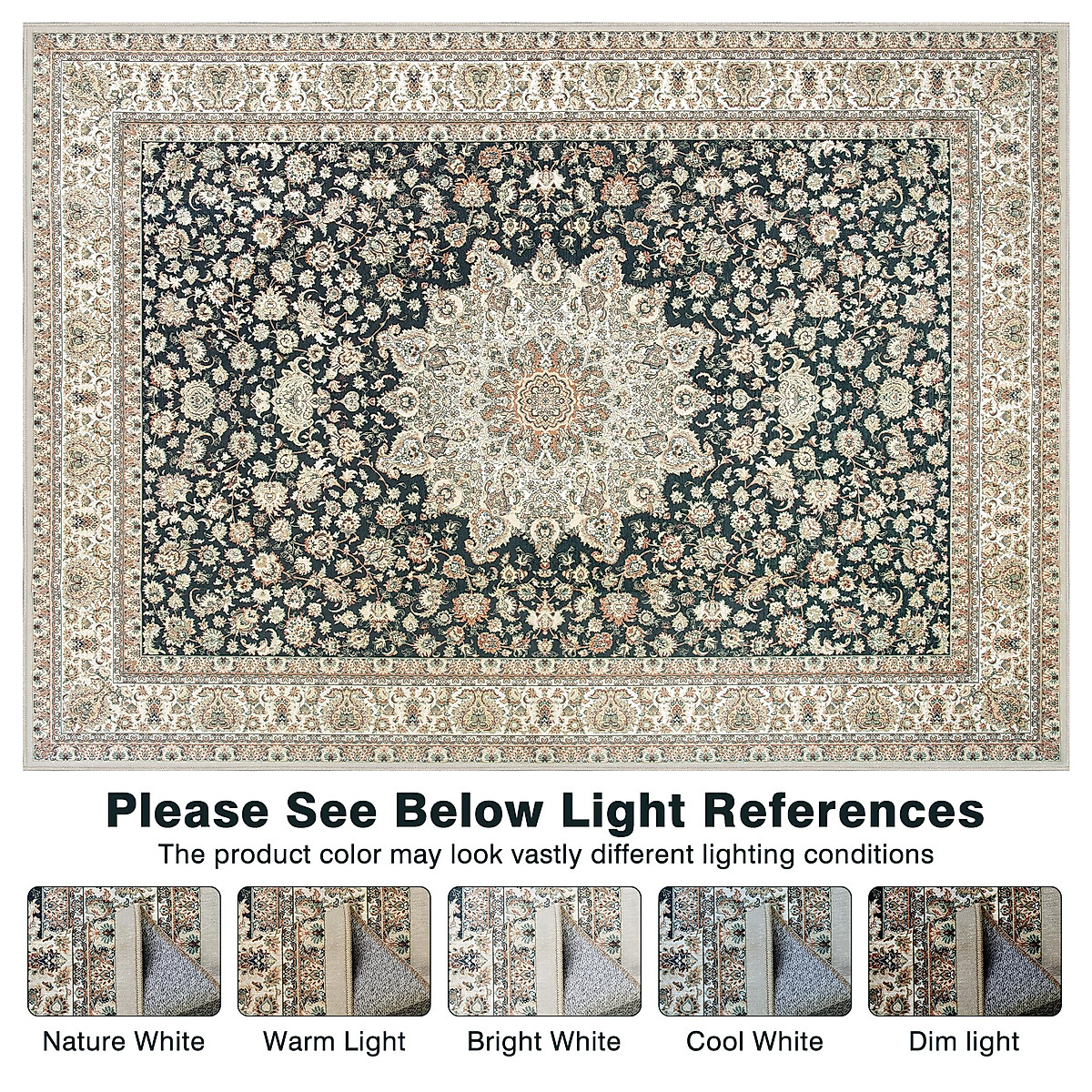 Washable Rug Living Room Rugs: 8x10 Area rugs Large Machine Washable Non Slip Carpet Soft Floral luxury Thin Carpets for Dining Room Farmhouse Bedroom Nursery Home Office Dark Blue Beige