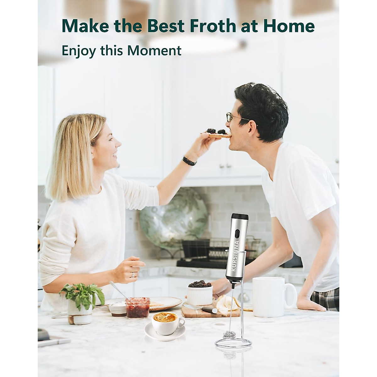 KURSINNA Powerful Rechargeable Milk Frother Handheld, USB-C Charge Foam Maker with 2 Stainless Steel Whisk & Stand, Powerful Mini Mixer Coffee Frother for Frappe, Latte, Matcha (13000RPM USB-C Charge)