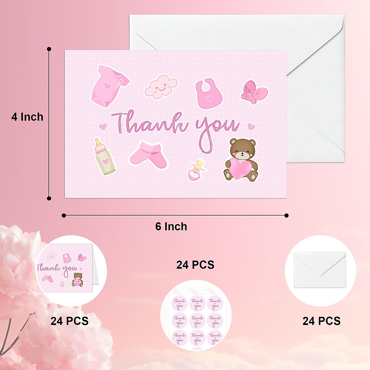 BRT Bearingshui Baby Shower Thank You Cards with Envelopes and stickers Total 24PK, 4x6 Inches Baby Girl Shower Thank You Cards