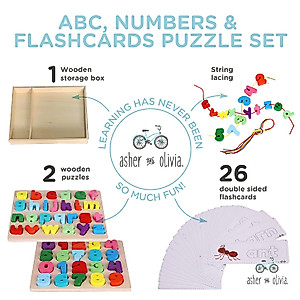 Wooden Alphabet Puzzle & Number Puzzle and Flash Cards Set - Includes Box, Lacing Beads and Threads