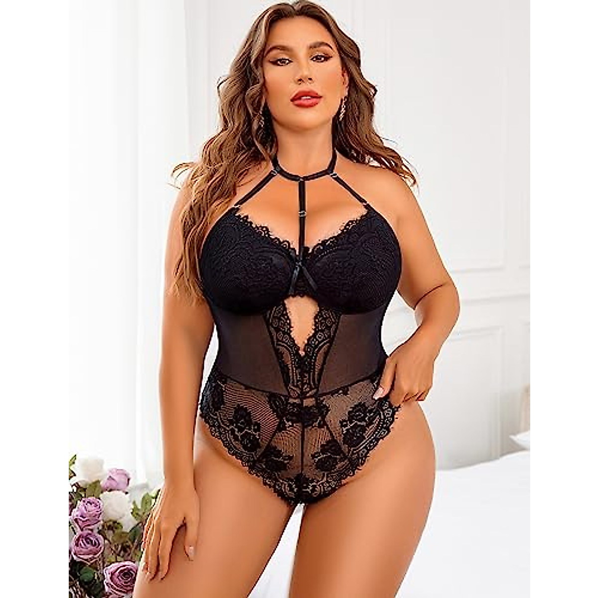 Avidlove Plus Size Lingerie for Women Sexy One-Piece Teddy Lingerie Black Bodysuit