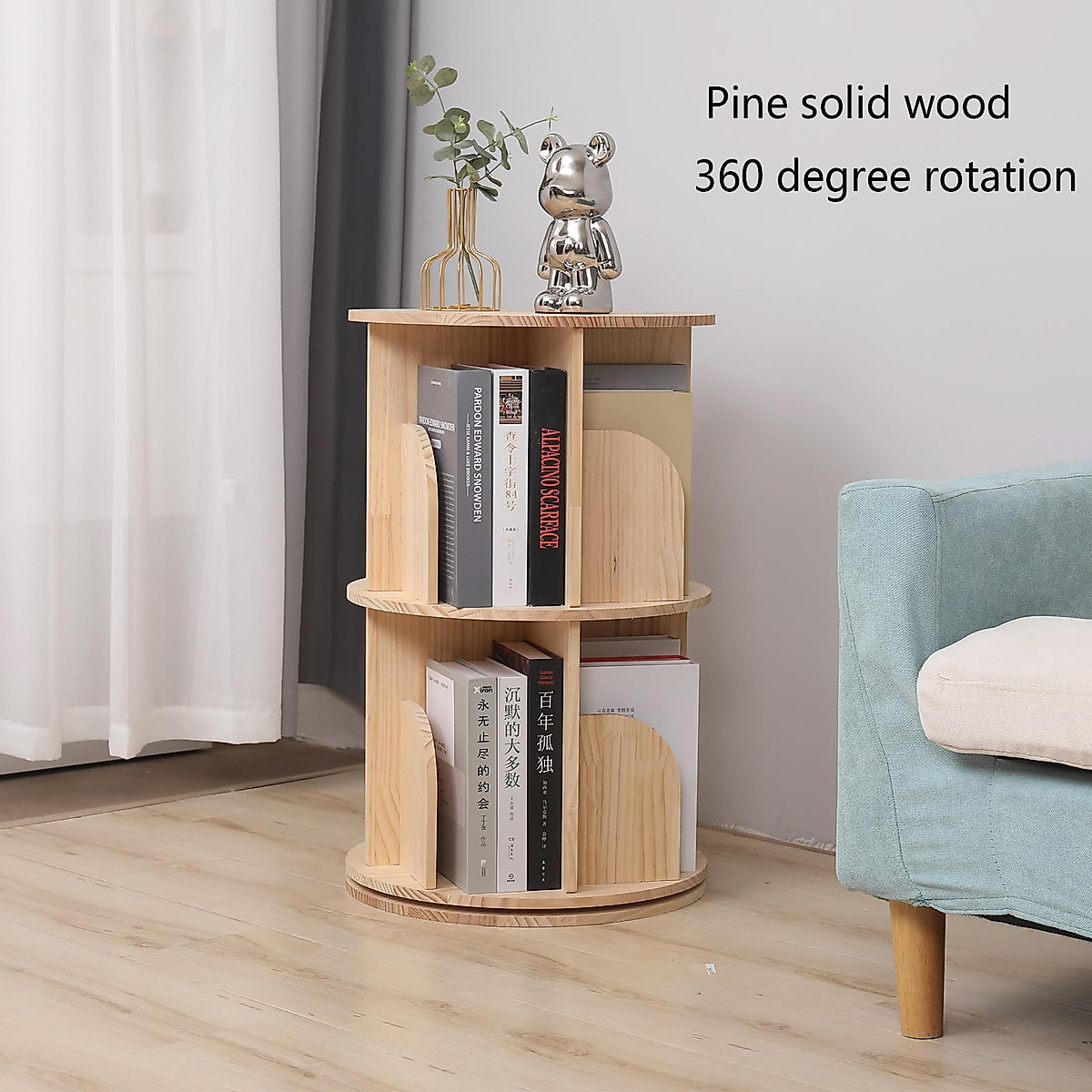 FDHUIJIA Rotating Bookshelf 360 Display Floor Standing Bookcase Storage Rack for Kids&Adults Solid Wood Book Shelf (2tier)