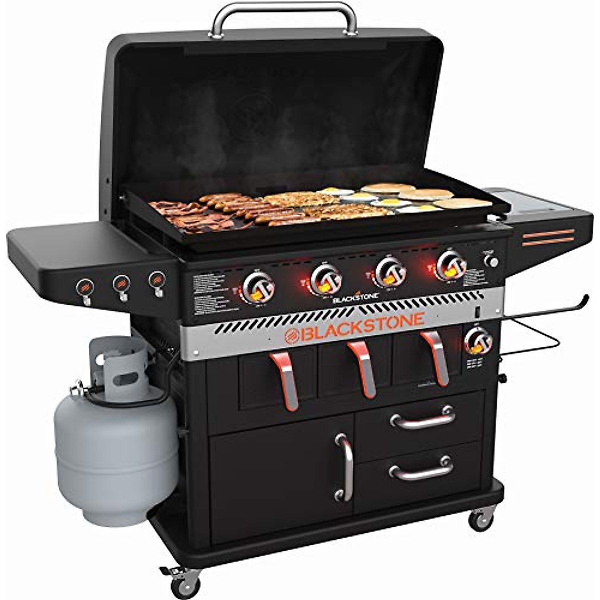 Blackstone 1923 Air Fryer Combo & Four Burners Stainless Steel Gas Hood, Wheels, Two Side Shelf – Heavy Duty Outdoor Griddle Station for Backyard, Patio, 36 inch Black