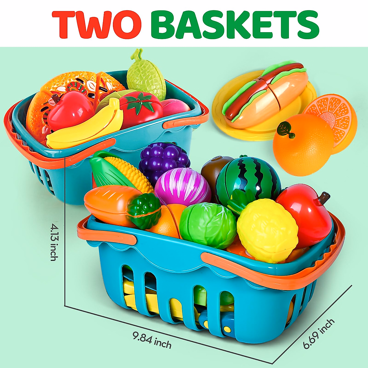 100 PCS Cutting Play Food Toy for Kids Kitchen, Pretend Food Toys for Toddlers, Play Kitchen Toys Accessories with 2 Baskets, Fake Food/Fruit/Vegetable, Birthday Gifts for 3 4 5 Years old Boys Girls