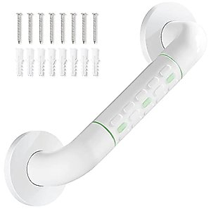 Stainless Steel Shower Grab Bar with Plastic-Plated Finish, Shower Grab Bars for Seniors, Luminous Circles and Cover Flange, Bathroom Handicap Handrails, White 12 inch