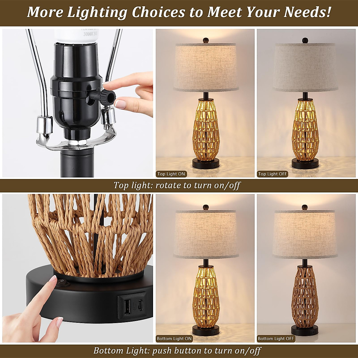 TUUANA 26in Rattan Table Lamps Set of 2 with USB Charging Ports, Farmhouse Wicker Lamps for Living Room End Table, Coastal Lamps for Bedroom Bedside Nightstand, 2 LED Bulbs & 2 Nightlights Included