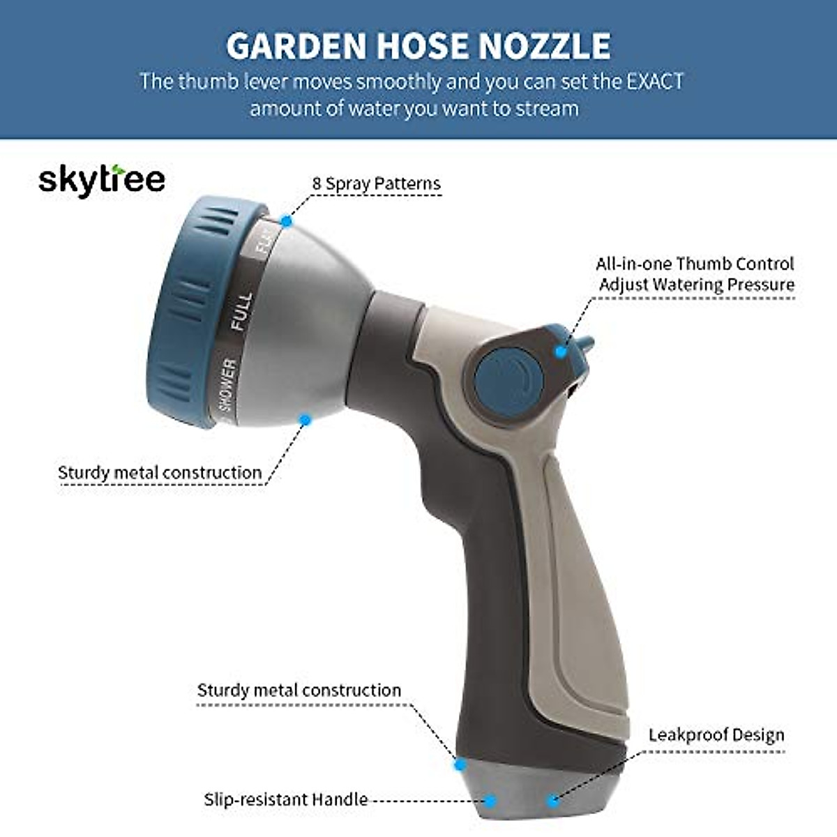 Skytree Hose Nozzle, Metal Garden Spray Hose Nozzle, 8 Patterns Thumb Control Hose Sprayer Nozzle in Lawn and Garden Classic