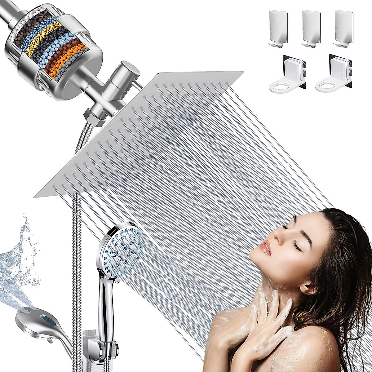 NLZQPTS 8inch Rain Shower Head with Filter,High Pressure Handheld Shower Heads with 7 Spray Combo,Square Filtered Showerhead for Hard Water Softener,59" Hose,Bathroom,Brushed Nickel Finish