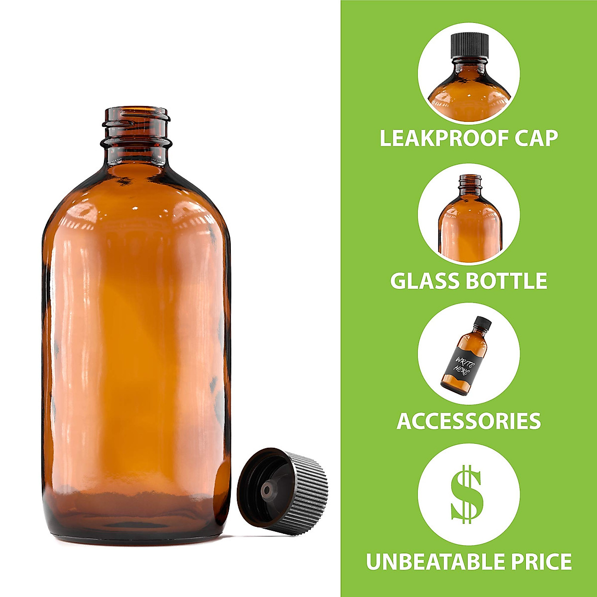 VINEVIDA 8 oz Amber Glass Bottles - 12 Pack Amber Boston Glass Bottles With Poly Cap and Accessories - Chalk Labels, Funnels - Empty Tincture Bottles for Essential Oils, Lab Chemicals, and Perfumes