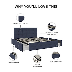 DHP Rose Upholstered Platform Bed with Underbed Storage Drawers and Button Tufted Headboard and Footboard, No Box Spring Needed, Queen, Blue Linen