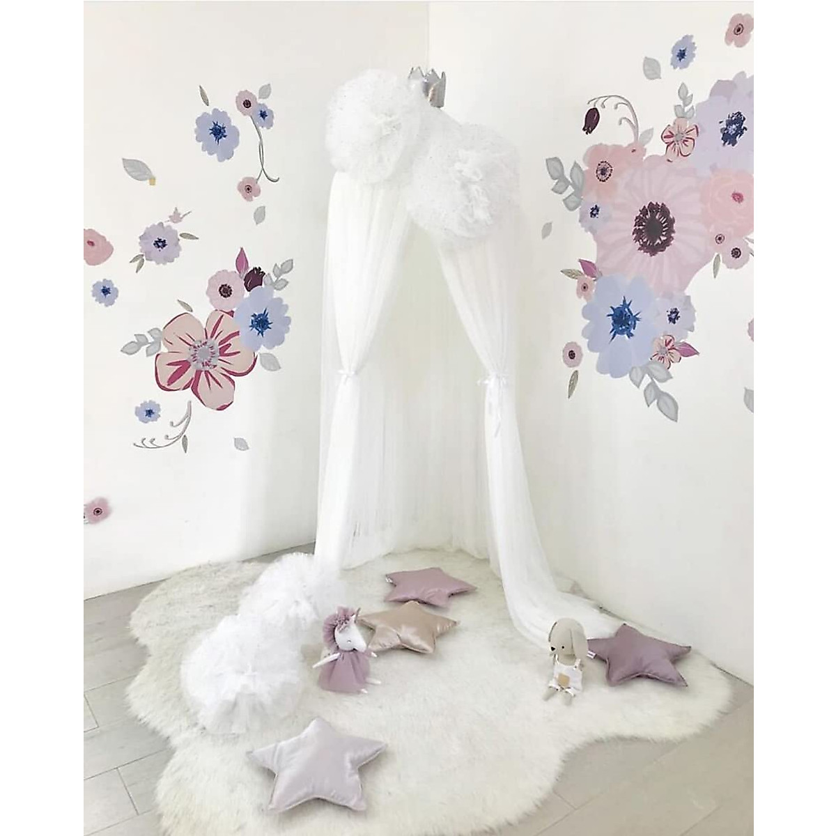 ADESIGNSTORE White Princess canopy with two tulle 9" pom poms set - Baby Crib Bed Mosquito net Reading Nook - Princess House Castle Bed Hanging Sheer Canopy 10 Layers