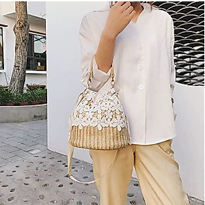 FENBEN Bamboo Handbag, Beach Purse Half Moon Bag, Straw Lace Woven Travel Sling Bag Shoulder Crossbody Bag for Women, Beige, One Size