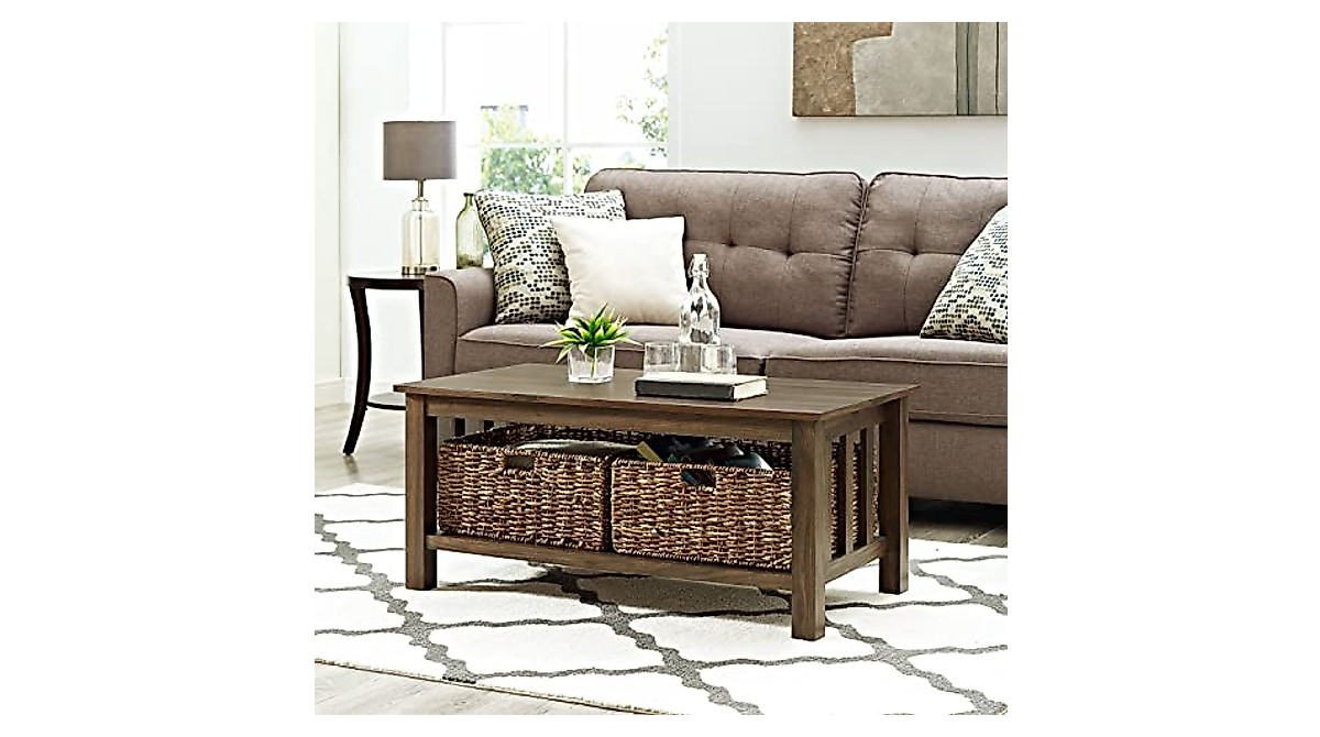 Walker Edison Alayna Mission Style Coffee Table - Rattan Storage