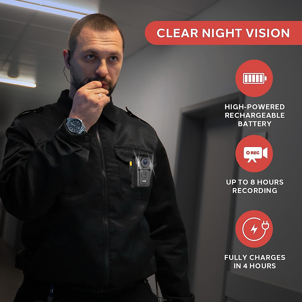 Pyle Police Security Video Compact Camera - HD 2304x1296p Rechargeable Wireless Waterproof Wearable Law Enforcement Mini Surveillance Cam, Audio Video Recording, Night Vision, Motion Detector PPBCM6