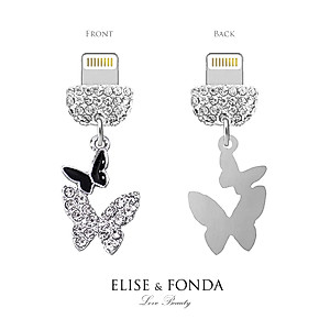 ELISE & FONDA CP553 USB Charging Port Crystal Anti Dust Plug Little Butterfly Phone Charm for iPhone 13/12/11/ XS MAX/XR/X/8 Plus/7/6S/8/SE iPad iPod (Black & White)