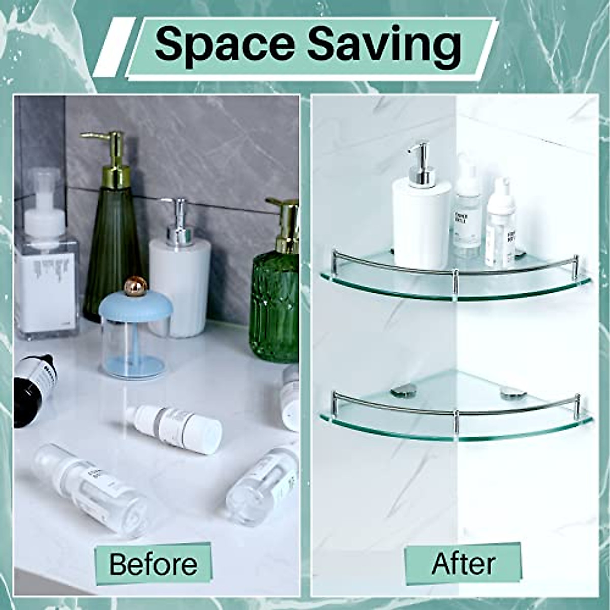 Corner Shower Shelf 2-Tier Glass Corner Shelf Stainless Steel Wall Mounted Corner Bathroom Organizer for Storing Bottle Shower Gel Shampoo Brush, Silver, 9.25 Inches（2Pcs）