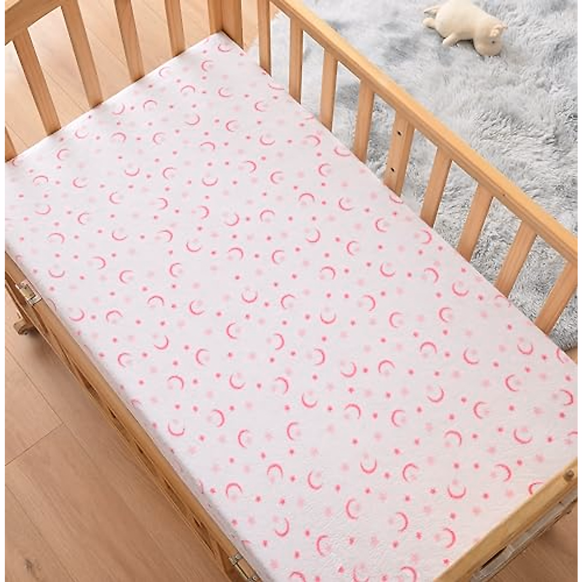 Cozy Fleece Microplush Warm Crib Sheets for Girls (Set of 2), Super Soft and Cozy Fitted Crib Sheets for Standard Crib Mattress, Baby Crib Sheets for Winter, Pink/White with Moon & Stars, 28in x 52in