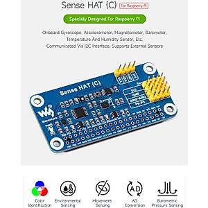 waveshare for Raspberry Pi 4B/3B+/3B/2B/B+/A+/Zero/Zero W/Zero 2W, Sense HAT (C) Onboard Gyroscope, Accelerometer, Magnetometer, Barometer, Temperature, Humidity Sensor, Supports External Sensors