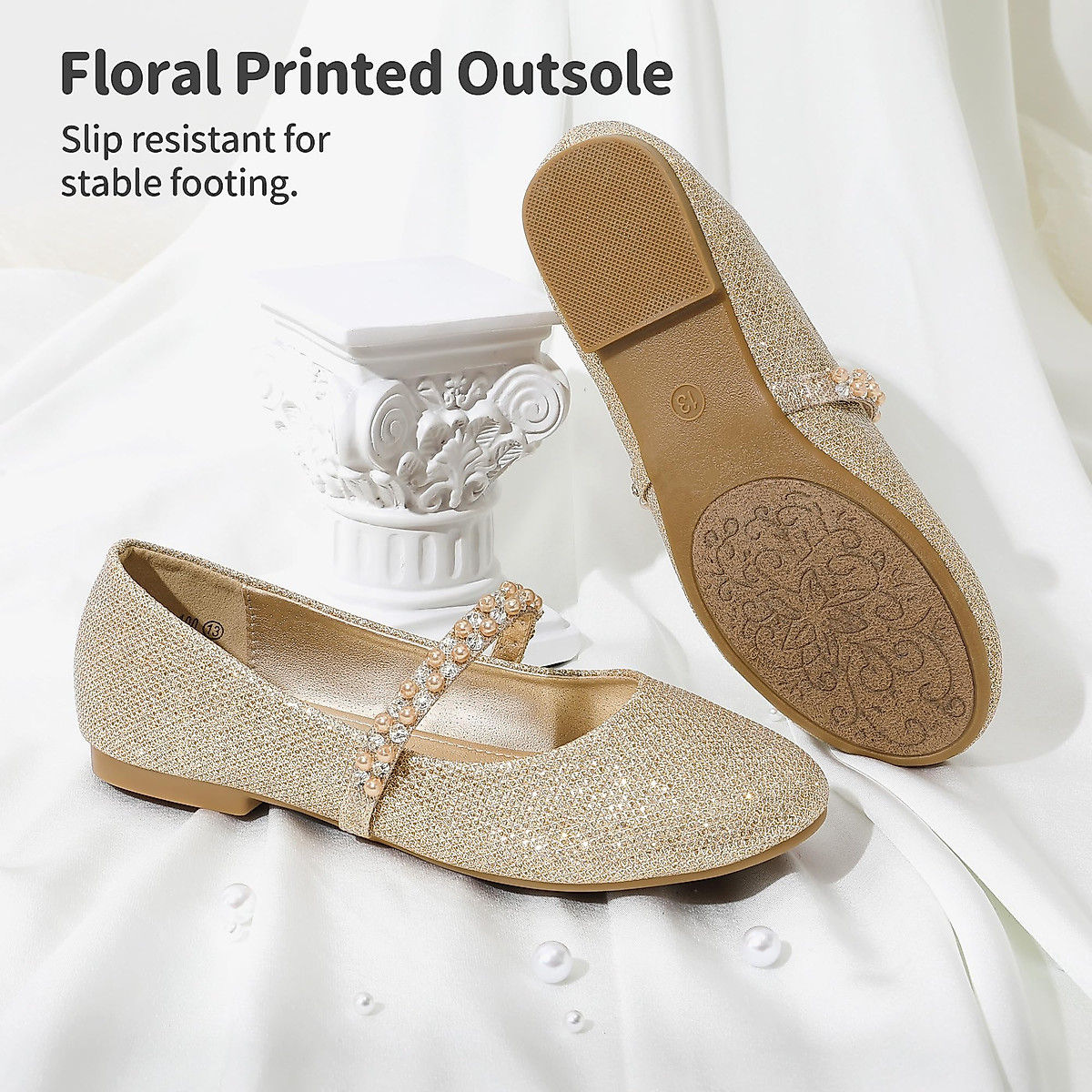 DREAM PAIRS Girls Mary Jane Dress Shoes Ballerina Flats for Wedding, Party,Size 2 Little Kid,Gold/Glitter,SERENA-100-KIDS