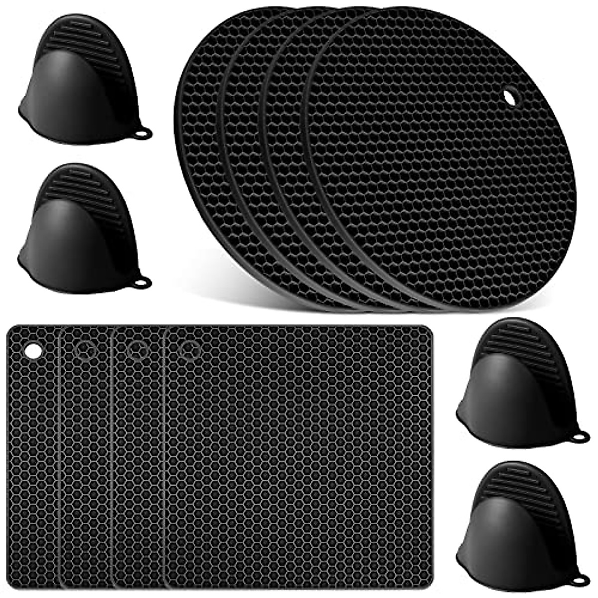 12 Pack Silicone Trivet Mats Heat Resistant Pot Holders Multipurpose Non-Slip Hot Pads with Silicone Oven Mitts for Kitchen Potholders Counter Hot Pan Table Jar Opener Placemats (Black)