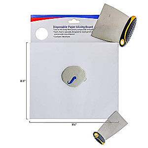Custom Shop Multi-Layered Disposable Paper Body Filler Mixing Board Sheets (100 Sheets) with 4, 5, & 6 Inch Body Filler Spreaders for Automotive Body Fillers, Putties and Glazes