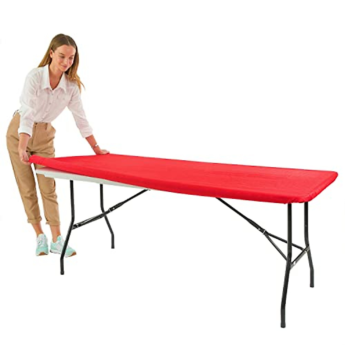 Fitted Rectangle Tablecloth for 6 Foot Tables – Reusable Elastic Edge Table Cover for Folding Banquet Tables – Washable 100% Polyester Fabric with Mitered Corners for Parties and Picnics (32x72 inch)