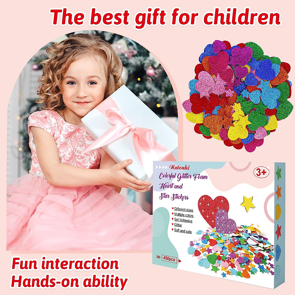 450 Pieces Colorful Glitter Foam Stickers Self Adhesive Stars Mini Heart Shapes Glitter Stickers, Kid's Arts Craft Supplies Greeting Cards Stars Shapes Foam Stickers