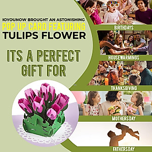 ioyounow Paper Flowers Popup Card - 5x6.75 Inch Pop Up 3D Purple Tulips Greetings Card - Happy Birthday Cards for Sisters – Best Paper Greetings, Thinking of You Gift for Women