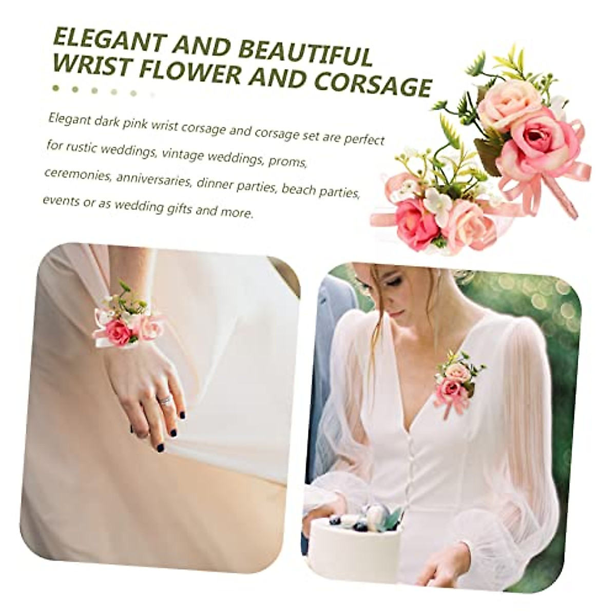 VOSAREA 1set Wrist Flowers and Corsages Finger Ring Bracelet Garland Decor Prom Bracelet Corsage Wrist Band Boutonniere Brooch Pin Corsage Wristlet Wedding Bride Wrist Corsage Pink Wreath