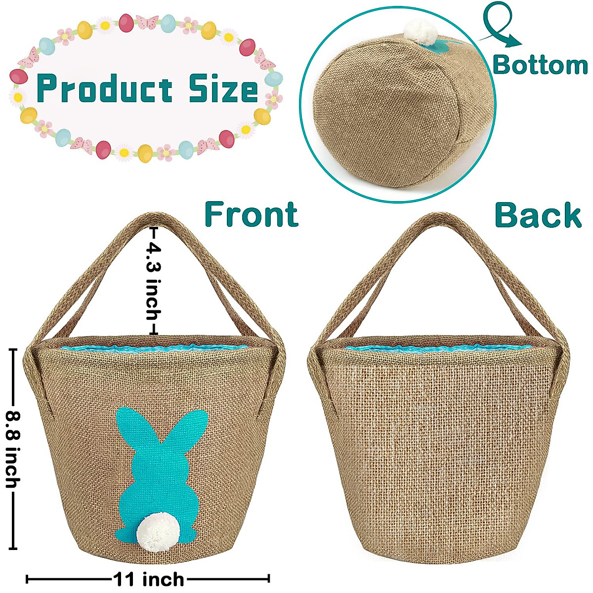 PARTYWIND Easter Baskets for Kids Egg Hunt, Small Easter Bunny Basket Bags for Kids Empty, Cute Easter Bags with Handle for Boys and Girls, Easter Party Supplies Favors (Blue)