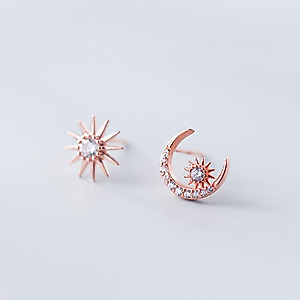 Crystal Star Crescent Moon Stud Earrings S925 Sterling Silver Dainty Clear CZ Diamond Sun Asymmetrical Ear Studs Piercing Earring Delicate Jewelry Gifts for Women Sensitive Ears (Rose Gold)