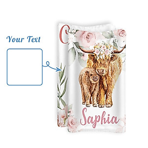 Personalized Changing Pad Cover, Custom Diaper Change Table Sheets with Name, Pink Floral Highland Cow Soft Jersey Knit Change Table Sheets for Girls, 2 Pack Changing Pad Covers (16" x 32")