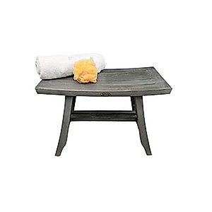 CoastalVogue Teak Wood Satori Shower Bench Teak Shower Stool with Curved Seat 24" Long Wooden Seat Shower Bench in Antique Gray Finish
