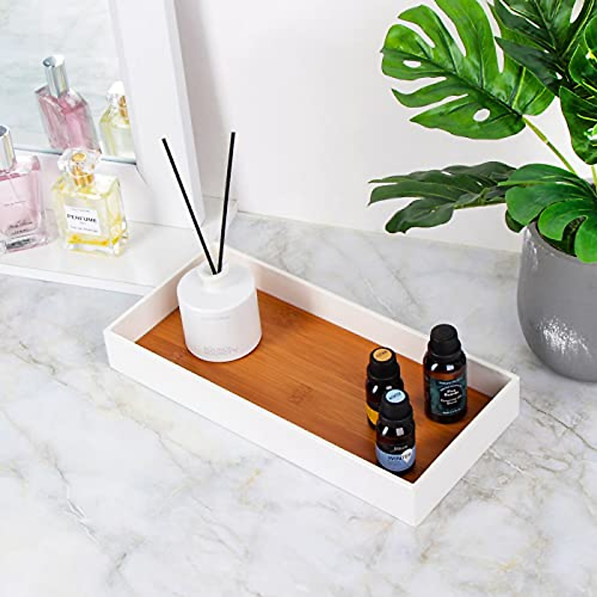 J JACKCUBE DESIGN Leather Bamboo Vanity Tray, Bathroom Organizer, Catch All Valet Tray for Women Perfume, Jewelry, Makeup, Candles, Key, Phone, Sunglasses (White)- MK205B