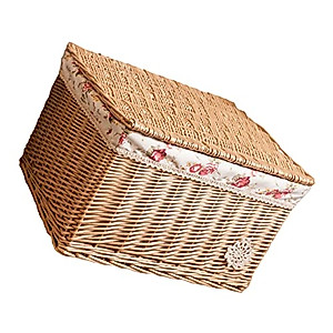 COLLBATH 2pcs box Rattan Woven Clothes Bedroom and Bathroom Liner Desktop Storage Flower Rectangular for with Container Printed Clo Bin Cosmetic Lid Cube Rectangle Organizer Wicker