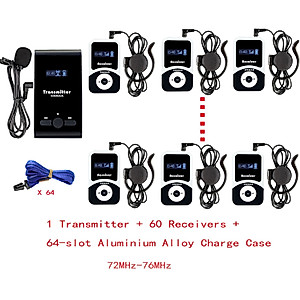 EXMAX® EX-100 Wireless Tour Guide Monitoring Voice Audio Transmission System+Aluminium Alloy Charge Case for Teaching Tour guides Silent Conference Church Museum Tour (1 Transmitters and 60 Receivers)