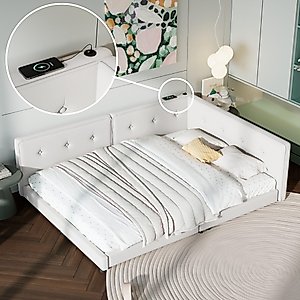 P PURLOVE Full Size Upholstered Daybed Corner Floor Bed with USB Ports,L Shaped Corner Beds Frame for Living Room, Bedroom,Beige
