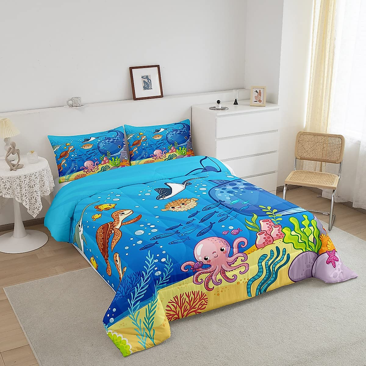 Marine Animals Comforter Set Twin,Shark Octopus Turtle Coral Bedding Set,Underwater World Cartoon Quilt Set 2Pcs for Kids Teens Adults Room Decor,Sea Blue Duvet Insert with 1 Pillowcase