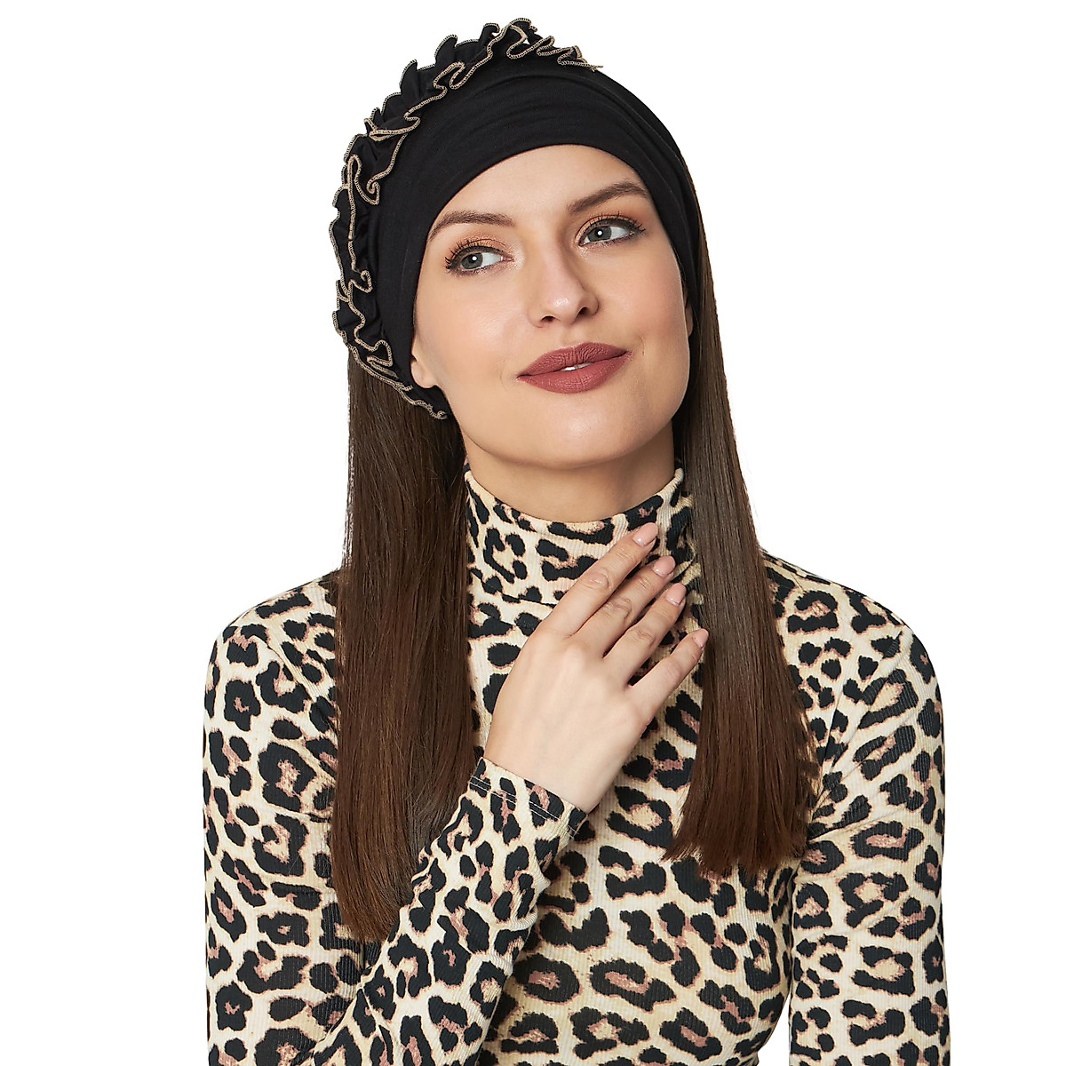 SAKUCHI Chemo Ruffle Cap for Cancer Hair Loss Women Silky Soft Bamboo Headwear Black