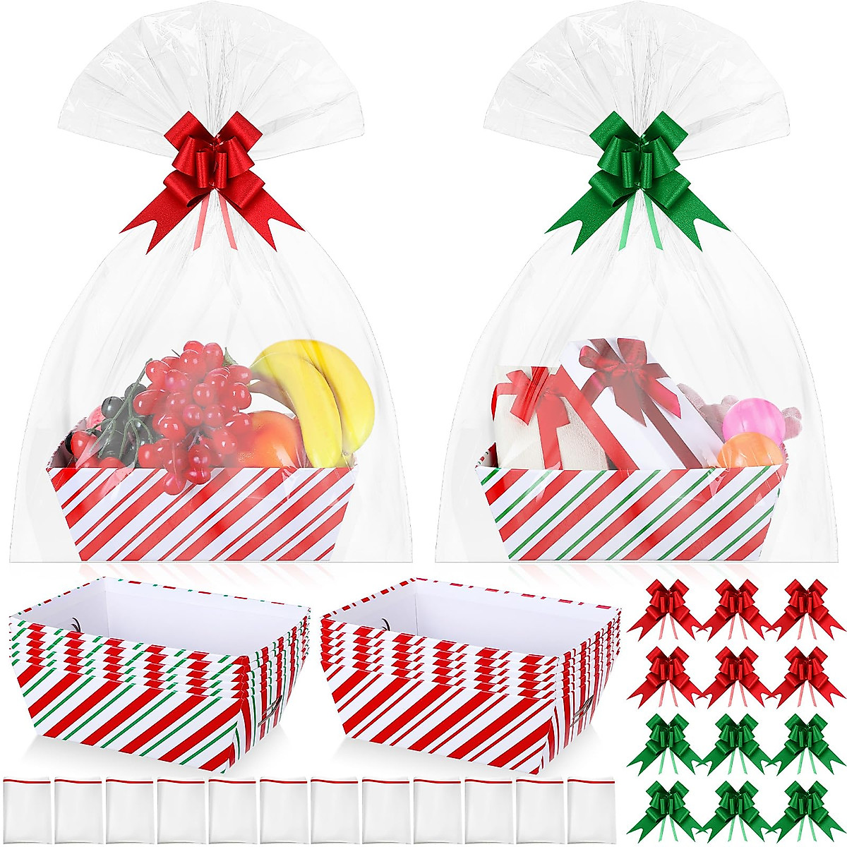 12 Pcs Christmas Basket For Gifts Empty Kit 9.8 x 8.3'' Red Green Candy Stripes Cardboard Basket to Fill Bulk with Handle Shrink Wrap Bags, Pull Bow, Raffle Gift for Holiday Xmas Decorations