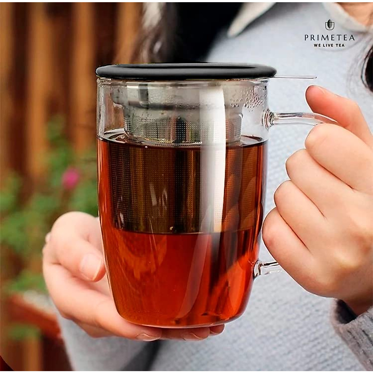 Prime Tea - Glass Teacup with Tea Infuser, 16oz / 470 ml, Hand Blown, Single Wall, Heat Resistance Borosilicate Glass Teacups for Blooming Tea & Loose Leaf Tea, Microwave & Dishwasher Safe (Black)