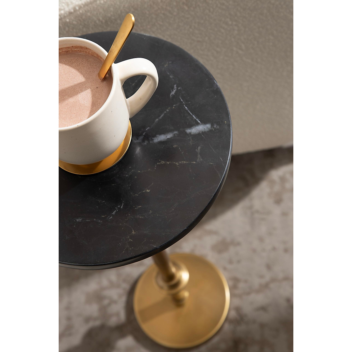 Kate and Laurel Engles Traditional Adjustable-Height Pedestal Drink Table, 10 x 10 x 30, Black Marble and Antique Brass, Vintage Round Indoor Metal Plant Stand with Authentic Marble Tabletop